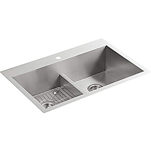 KOHLER Vault 33" Double-Bowl 18-Gauge Stainless Steel Kitchen Sink with Smart Divide with Single Faucet Hole K-3838-1-NA Drop-in or Undermount Installation, 9 Inch Bowl