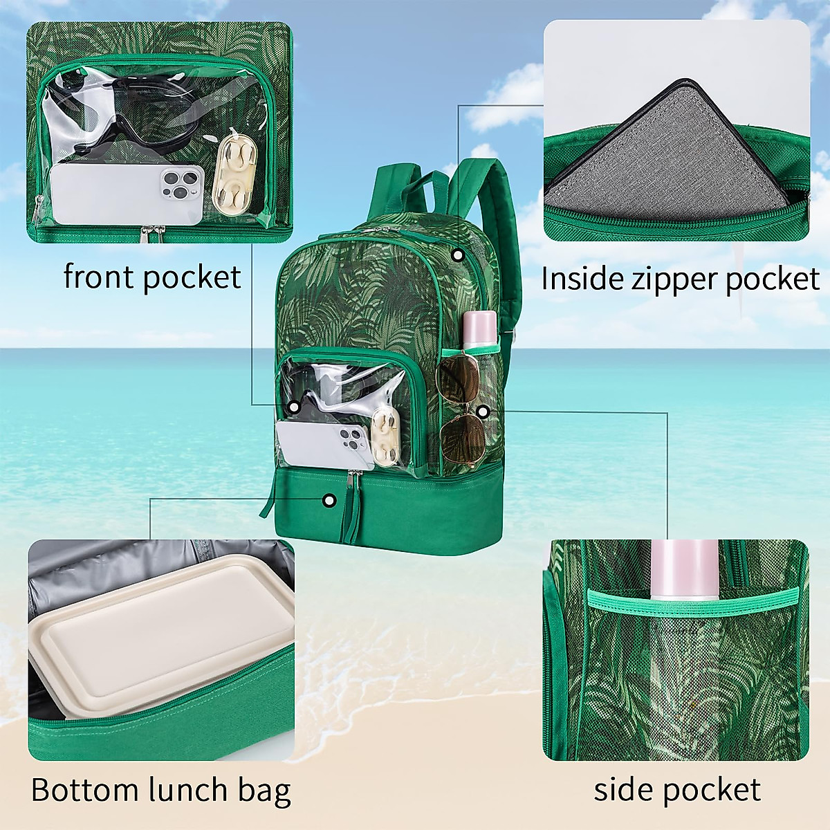 GreenTaya Women Beach Backpack Mesh Bookbag Lightweight Casual Backpack for Work Travel