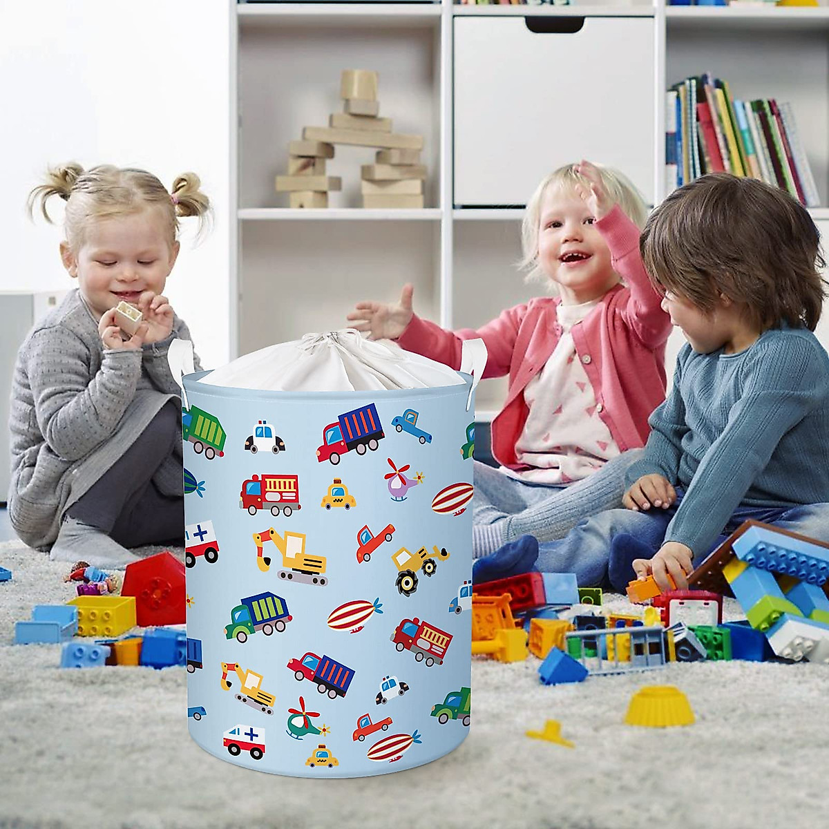 Clastyle 45L Cartoon Car Nursery Laundry Basket Blue Drawstring Collapsible Laundry Hamper with Handle Waterproof Toys Storage Basket for Kids Room, 14 * 17.7 in