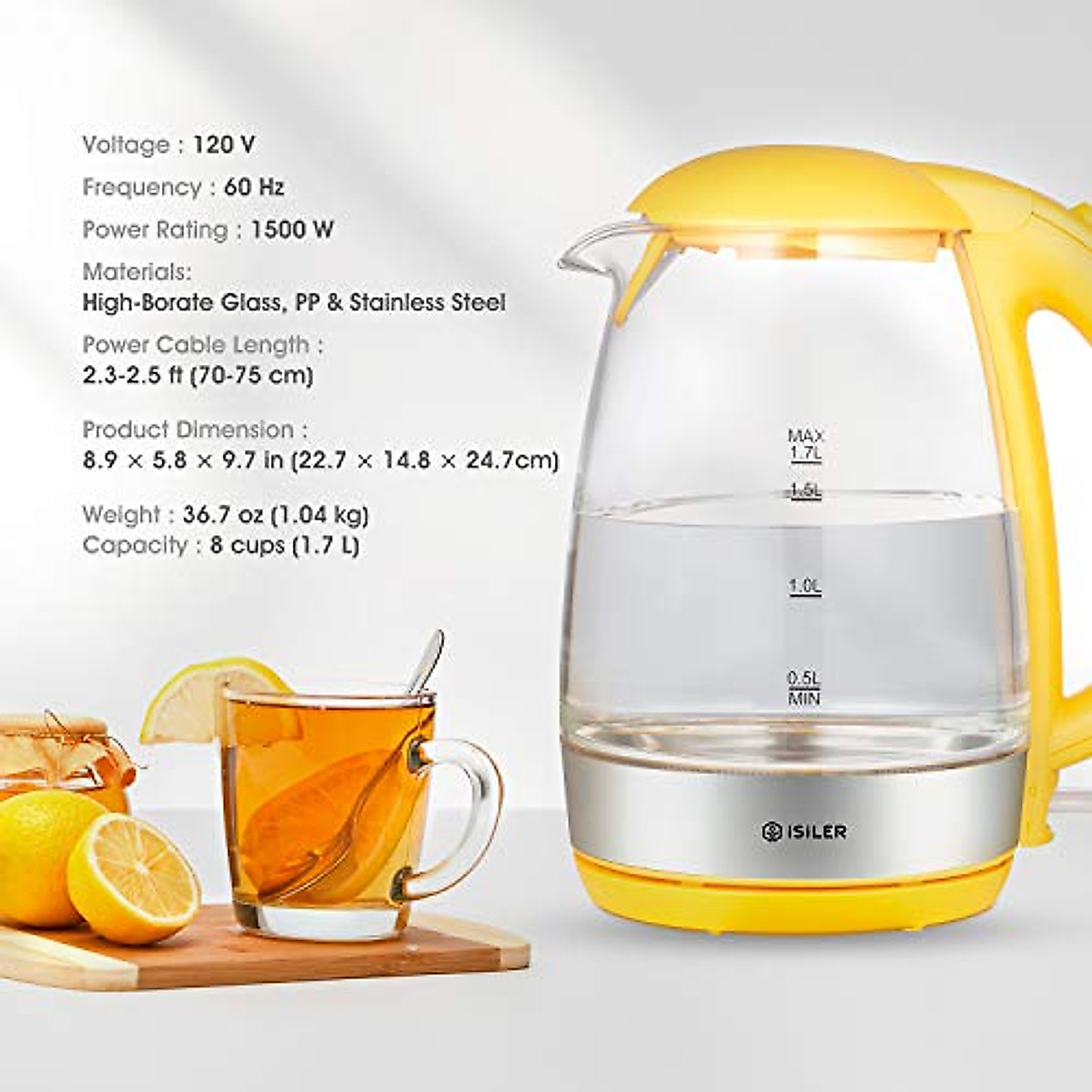iSiLER 1500W Electric Kettle, 1.7 L Electric Tea Kettle with LED Indicator, Cordless Electric Glass Hot Water Boiler, Portable Teapot Heater Auto Shut-Off & Boil-Dry Protection BPA-Free Yellow