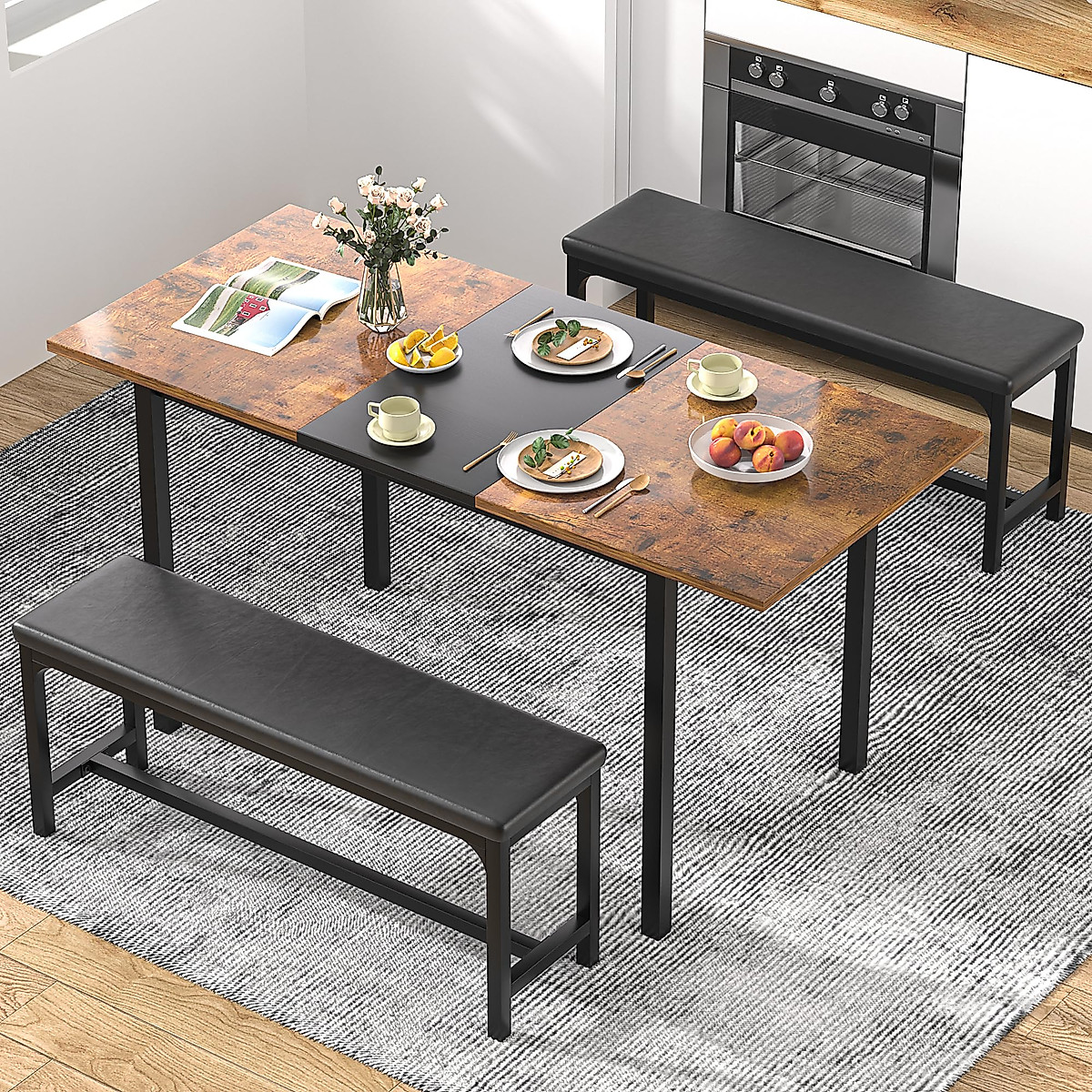 VECELO 3-Piece 63" Extendable Kitchen Table with Benches/Chairs, Modern Breakfast Dinette/Dining Room Set for 4/6/2, Small Space Saving Design, Easy Assembly