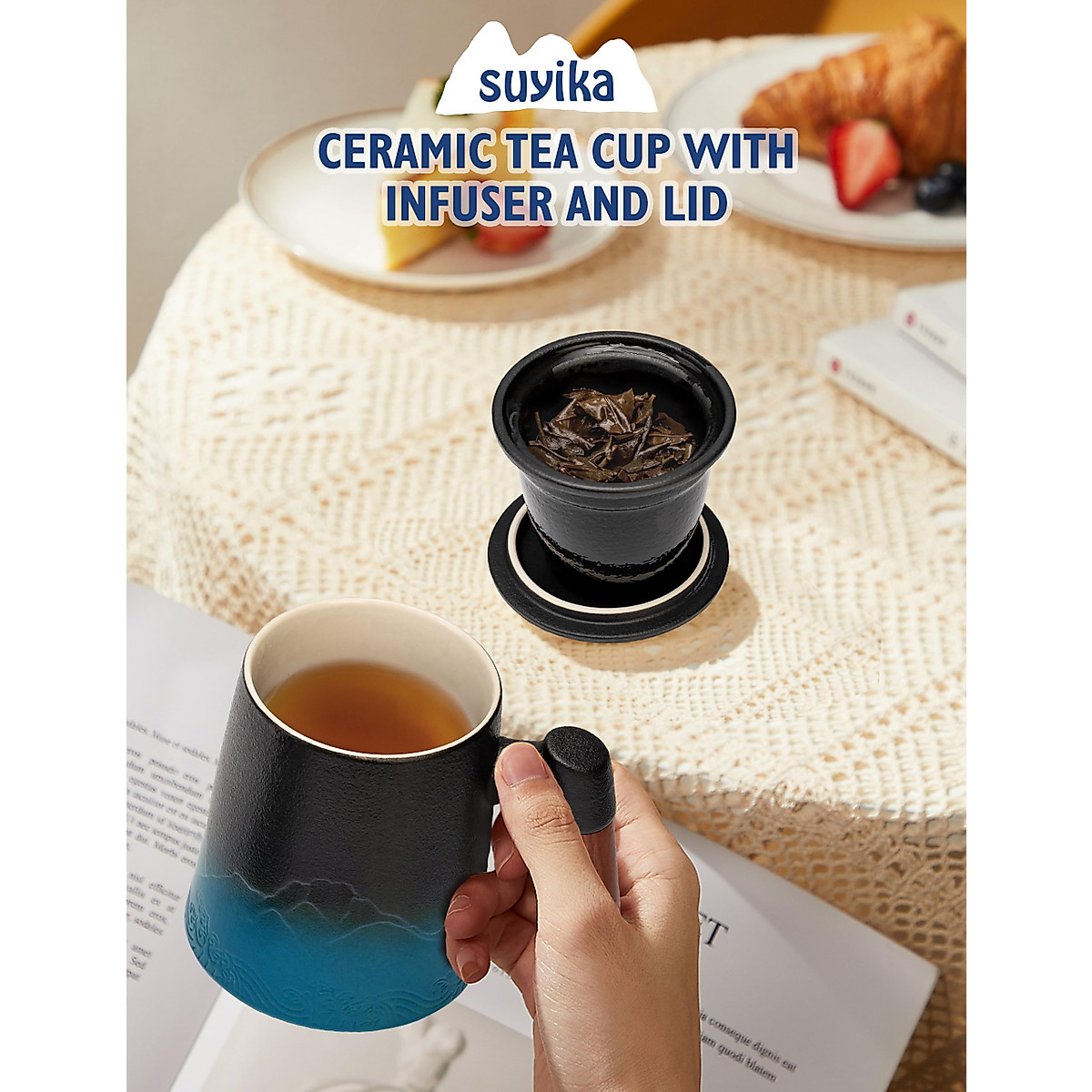 suyika Tea Cup with Infuser and Lid, 15.2 Ounce Wood Handle Ceramic Loose Leaf Tea Mug,Embossed Tea Steeping Mug for Gifts, Gradient Black&Blue 450ml
