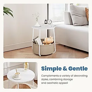 DUMOS Small Round Side End Table, Modern Nightstand with Fabric Storage Basket, Bedside Table for Living Room Bedroom (White & Beige