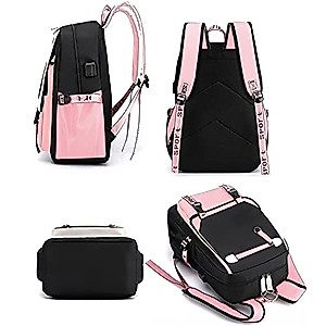 coxqermo Cute Cool Backpack for Girls, Kawaii Cartoon Backpack with Plush Pendant,Middle School Students Bookbag Daypack with USB Charge Port