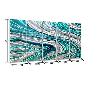 YHSKY ARTS Abstract Coastal Metal Art Wall Decor, Hand Crafted 5 Pieces Teal and Silver 3D Sculpture, Modern Sea Waves Aluminum Artwork for Living Room Bedroom Bathroom Decor