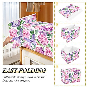 MFTJYO Storage Bin with Lid Purple Hydrangea Pink Roses Foldable Storage Box Washable Fabric Storage Cubes Bin Organizer Basket Closet for Home Bedroom Closet Nursery Office