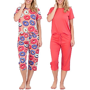 Real Essentials 2 Pack: Womens Short Sleeve Shirt Capri Sweat pants Pajama Sets Pajamas Soft PJ Women Two Piece Matching Pants Top Loungewear Sleep Wear Sexy Summer Bottoms Pijamas Ladies - Set 7, M