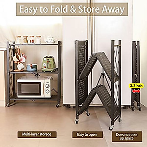 Letusto Heavy Duty Foldable Collapsible Shelf with Wheels with Breaks - Folding Metal Frame Shelving Pantry Organizer System Rack - Shelves with No Assembly Required (White, 3 Tier)