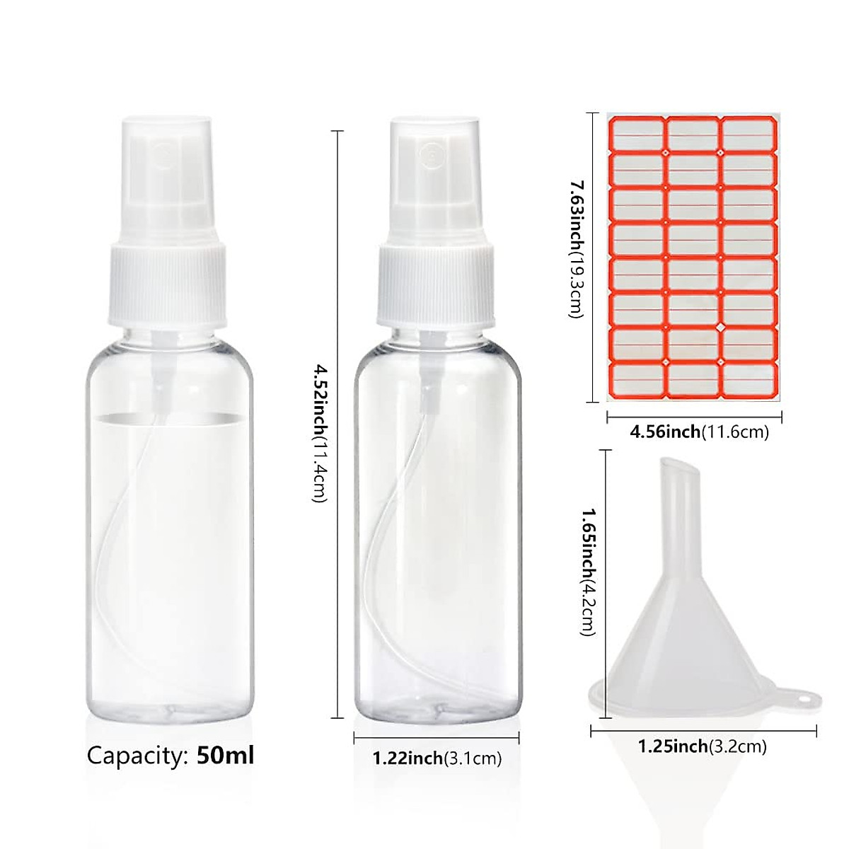 Mini Spray Bottles, 2oz/50ml Small Spray Bottle, Plastic Travel Spray Bottle for Liquids, Refillable Hand Spritzer Bottles for Liquids, Clear Alcohol Spray Bottles with Small Funnel and Bottle Labels