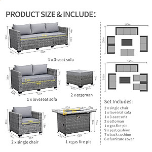 Rattaner 7-Piece Outdoor Furniture Sets Patio Furniture Set with 45-inch Fire Pit Patio Couch Outdoor Chairs 60000 BTU Propane Fire Pit Table with Non-slip Cushions Waterproof Covers, Light Grey