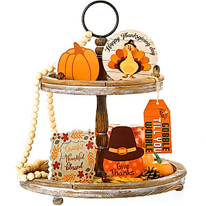 5 Pieces Fall Tiered Tray Decor Thanksgiving Tiered Tray Set Fall Farmhouse Mini Wood Signs Autumn Turkey Pumpkin Sign Decorations for Thanksgiving Harvest Decoration