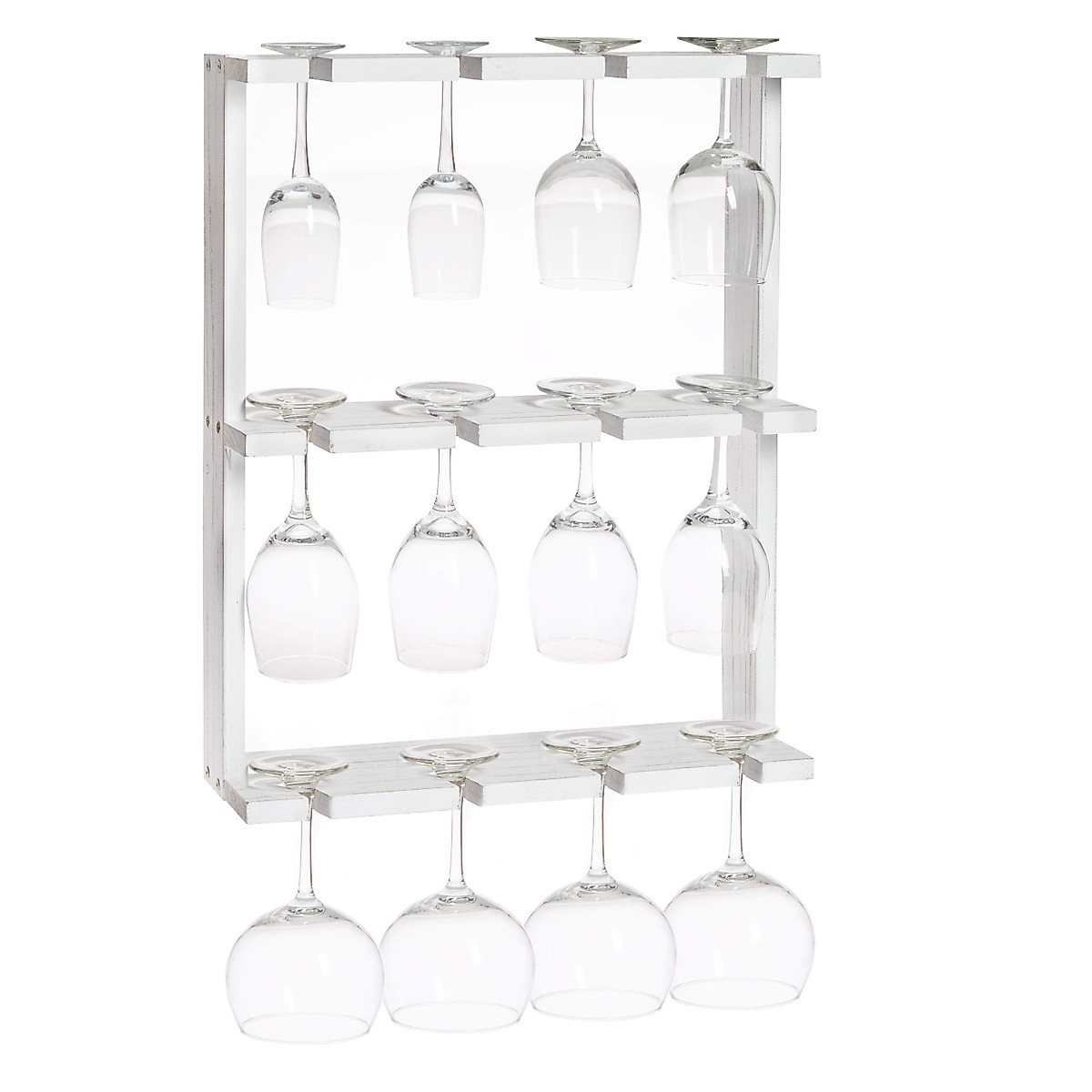 Ilyapa Wine Glass Rack, Wall Mounted - 3 Tier Rustic Weathered White Wood Stemware Storage Holder