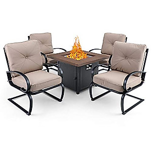 PHI VILLA Patio Furniture Set with Gas Fire Pit Table and 4 Spring Motion Cushion Chairs, Square Fire Table with Fire Glass for Outside, Heavy Duty Frame, 34 inch (Beige)