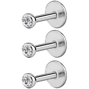 Forbidden Body Jewelry Surgical Steel Earrings Internally Threaded Micro CZ Gem Top Tragus/Helix/Labret Stud with 2mm Top (18G, 4mm) 3 pack