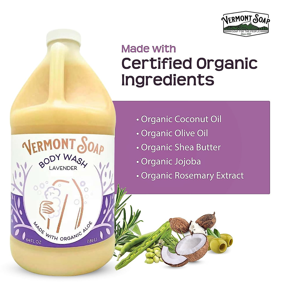 VERMONT SOAP Natural Body Wash with Shea Butter, Mild Gel Body Wash for Moisturizing and Soothing Skin, Fragrance Free Body Wash for Women & Men (Lavender, 64oz)