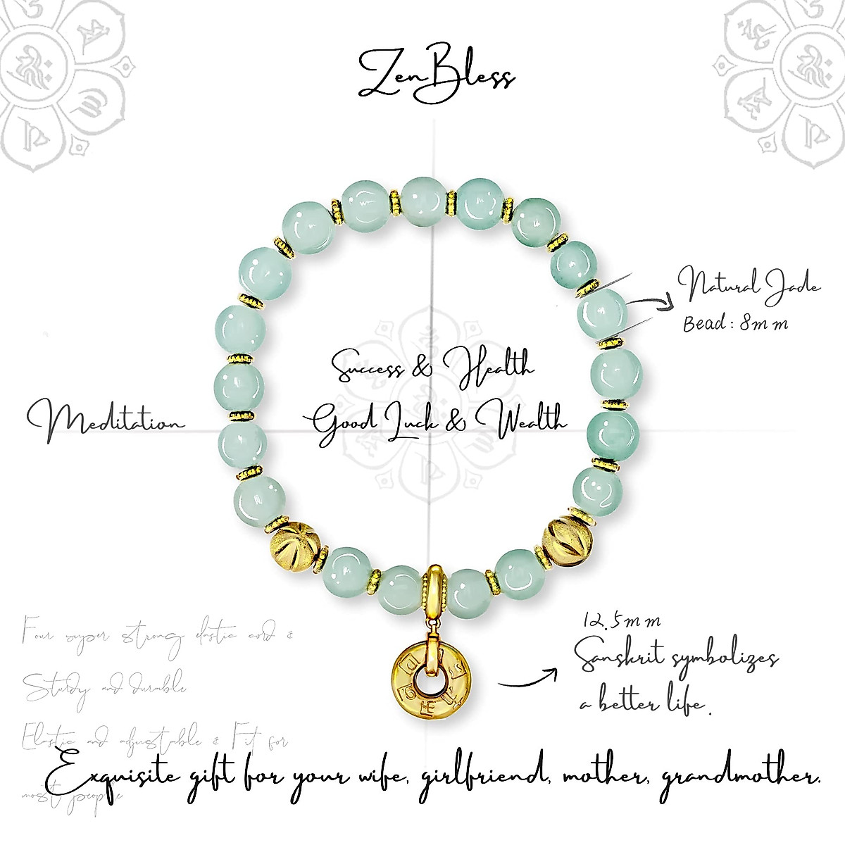 ZenBless Jade Bracelet Feng Shui Bracelet for Women 18k Gold Plated Sanskrit Pendant Yoga Mala Beads Good Luck Friendship Bracelets for Women