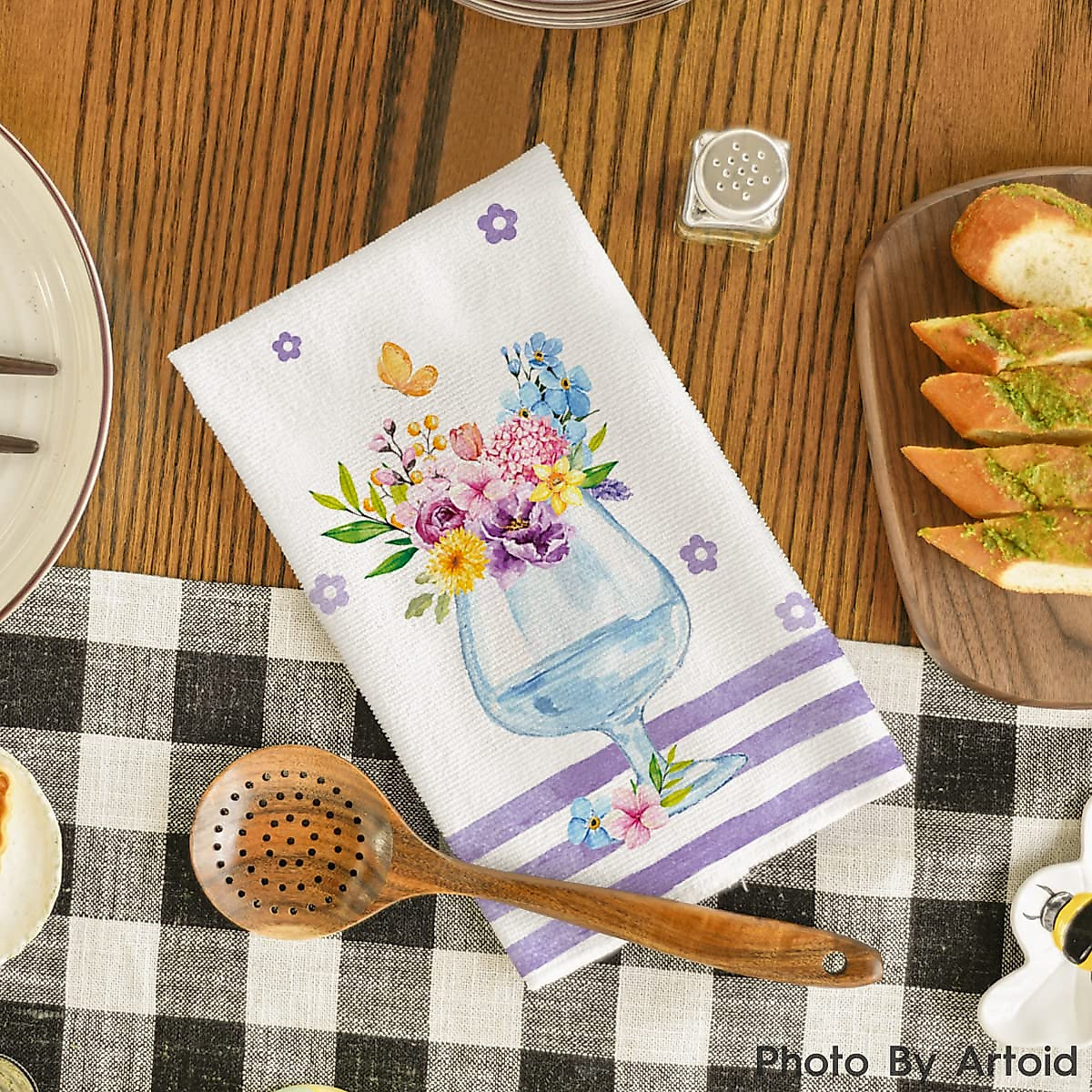 Artoid Mode Purple Stripes Flowers Bloom Spring Kitchen Towels Dish Towels, 18x26 Inch Seasonal Summer Holiday Decoration Hand Towels Set of 2