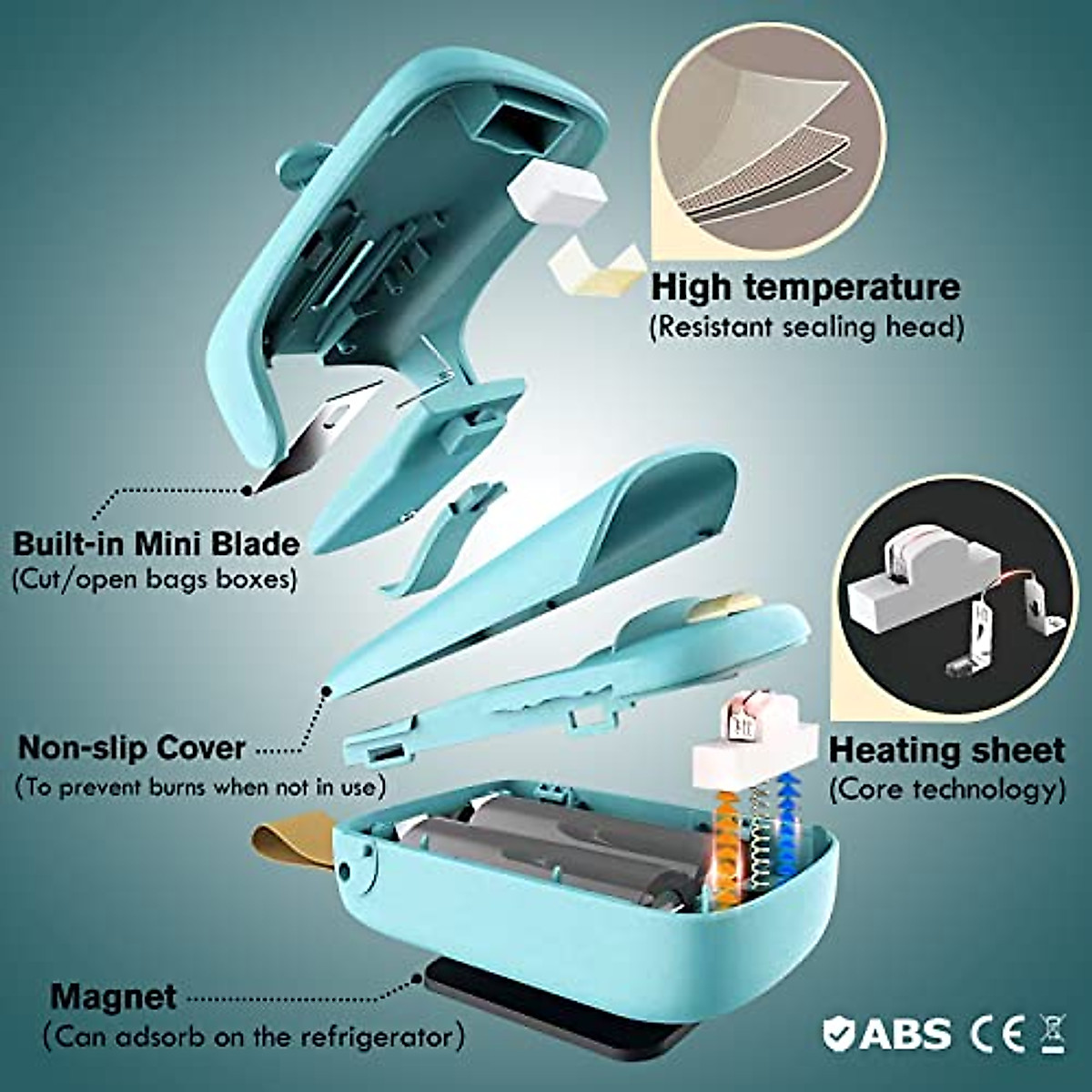 TYHJOY Mini Chip Bag Sealer, Handheld Heat Vacuum Sealer and Cutter, Portable Chip Bag Resealer Machine for Snack Plastic Fresh Bags Cookies - Green - 2xAA Batteries Included