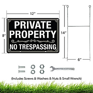 GicnKeuz No Trespassing Signs Private Property Sign with H-stakes, 12"×8" Aluminum Sign, Fade Resistant/Waterproof, Including Screws, Easy to Install, Outdoor Use