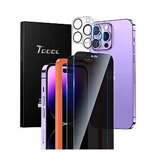 TOCOL [2+2 for iPhone 14 Pro Privacy Screen Protector 6.1''- 2 Pack Privacy Tempered Glass Screen Protector & 2 Pack Camera Lens Protector, Bubble Free, 10X Shockproof, Installation Frame, [Anti-Spy]