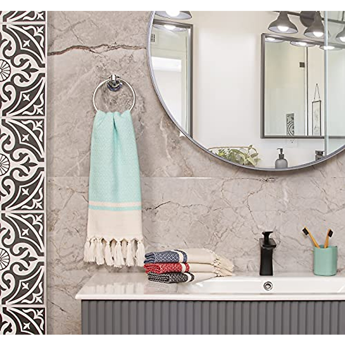 Rumi&Shams Turkish Hand Towel Set of 2 | 100% Cotton Modern Farmhouse Hand Towels | 16 x 32 Inches Boho Towels | Bathroom Hand Towels | Perfect Turkish Kitchen Towels | Bath Hand Towels (Aqua)