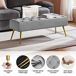 Yaheetech Modern Ottoman Bench Velvet Bench Upholstered Footrest with Gold Metal Legs and Padded Seat Gray