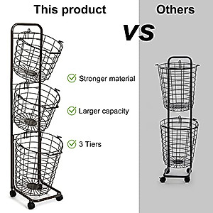 Ganggend 3-Tier Laundry Basket with Lockable Wheels, Wire Laundry Hamper with Rubber Handle Laundry Cart Storage Rolling Hamper for Organizing Clothes Black