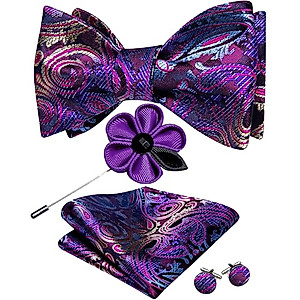 YOHOWA Mens Bow Tie Set with Lapel Pin Brooch Purple Blue Silk Self Tie Bowtie Handkerchief Cufflinks Formal Wedding Party Prom