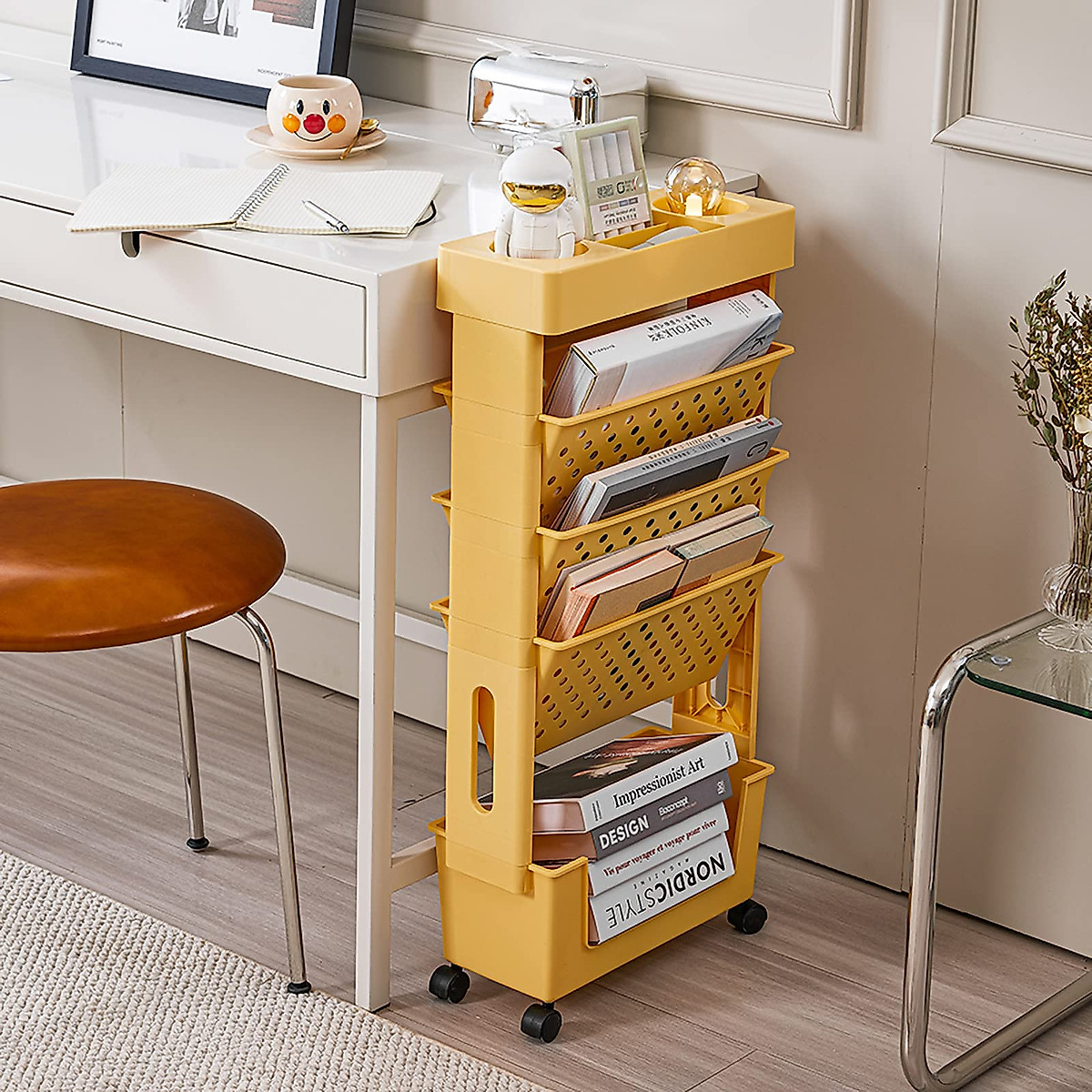 CINPIUK Rolling Office Paper Organizer, Mobile Book Cart Document Folder File Storage with Pen Holder, Slim Rolling Storage Cart Movable Bookshelf for Office, Dorm, Classroom, Nursery, Green