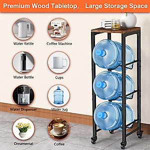 5 Gallon Water Bottle Jug Holder 3-Tier Water Bottle Holder Organizer with Lockable Casters Heavy Duty Water Storage Rack Water Dispenser Stand With Wood Top Shelf for Kitchen Office Garage Brown