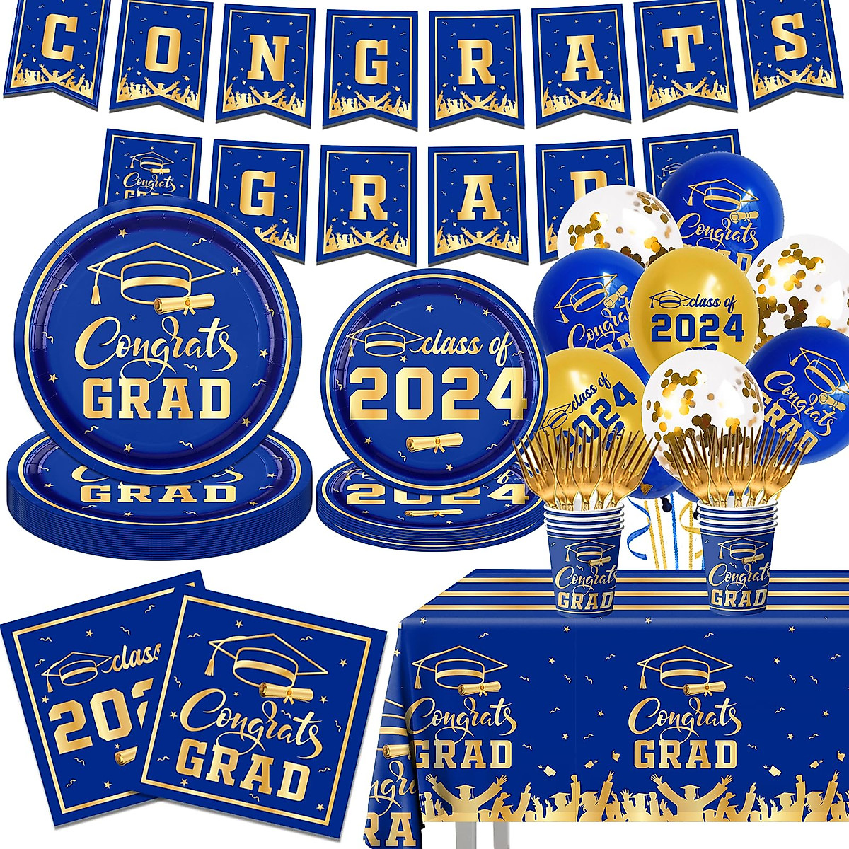 Graduation Decorations Class of 2024 Tableware Kit Blue and Gold Congrats Grad Plates and Napkins Disposable Graduation Party Supplies for Graduation Party Decorations (Blue)