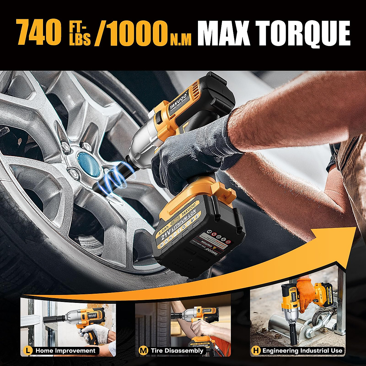 Takuoo Cordless 1/2 inch Brushless Impact Wrench, Max Torque (1000N.m) 740Ft-lbs Electric Impact Gun w/2x 4000mAh Battery, Charger & 6 Sockets, Power Impact Driver for Car Home