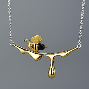 Lotus Fun S925 Sterling Silver Pendant Necklace Bee and Dripping Honey Pendant with Necklaces Chain Length 18.5 inches, Handmade Unique Jewelry Gifts for Women (Gold)