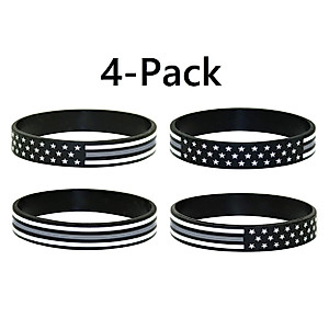 Thin Grey-Gray-Silver Line American Flag Silicone Stretchable Bracelet 4-Pack - Correctional Officer