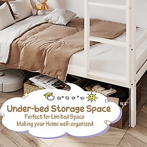 KOMFOTT Wood Bunk Bed Twin Over Twin, Bunk Bed with Ladder & Safety Guardrail, Solid Wood Bed Frame, Ideal for Dormitory & Multiple-Child Family, No Box Spring Needed, Kids Bunk Bed