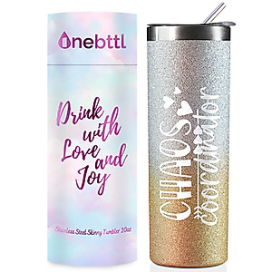 Onebttl Boss Lady Gifts for Women, Chaos Coordinator Tumbler for Boss, Secretary, Manager, Coworkers, Stainless Steel Skinny Tumbler 20oz with Lid and Straw, Glitter Silver & Gold