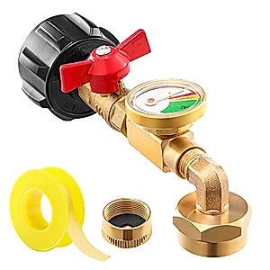 QCC1 Propane Refill Elbow Adapter with Propane Tank Gauge, 90 Degrees Propane Refill Adapter with ON-Off Control Valve, for Camping Grill 1LB Bottle Tank 20-40LBS Cylinder