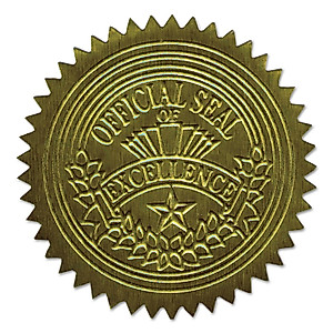 Self-Adhesive Embossed Seals, 2 Dia, Official Seal of Excellence, Gold, 100/PK"