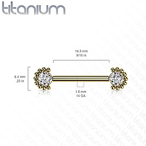 Dynamique Implant Grade Titanium Nipple Barbells Internally Threaded With Bezel Set CZ Center And Beaded Edge (Sold Per Pair Or Per Piece)