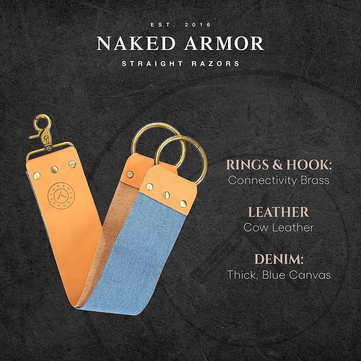 Naked Armor Stropping Leather Strop - Straight Razor Sharpening & Leather Knife Sharpener, Brass Hooks, Linen Stropping Belt, Leather Strop for Knife Sharpening, Razor Blade Sharpener, Shave Strop