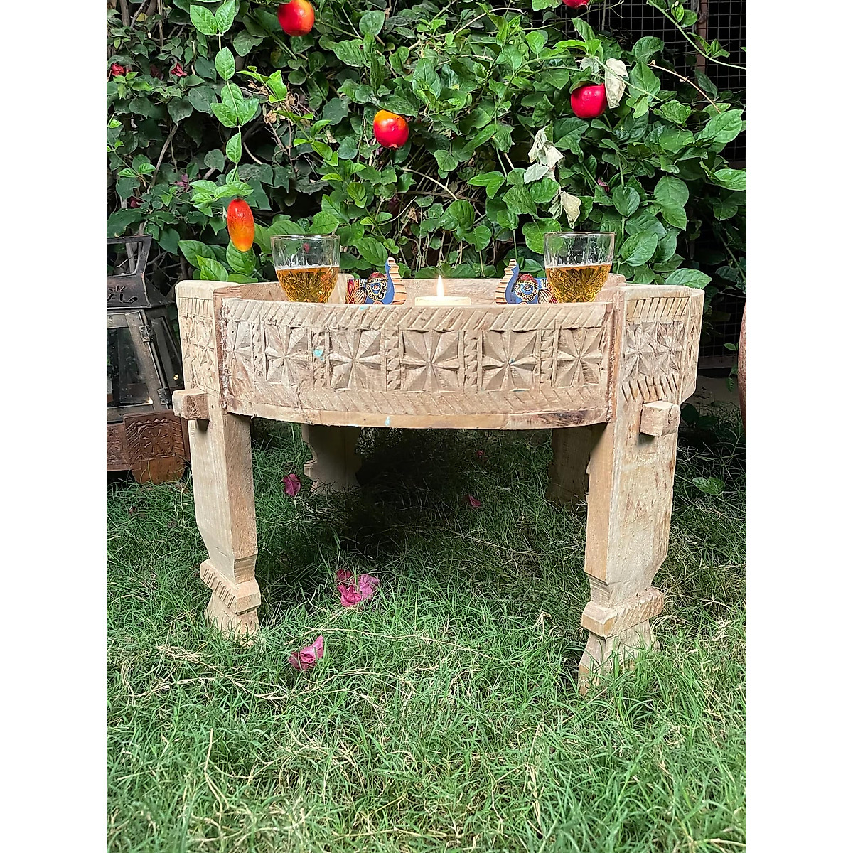 Wooden Indian Natural Carved Chakki Table/Coffee Table/Round Rajasthani Desrt Dinner Table/Side Table/Lamp Holder Table/Candle Holder Table