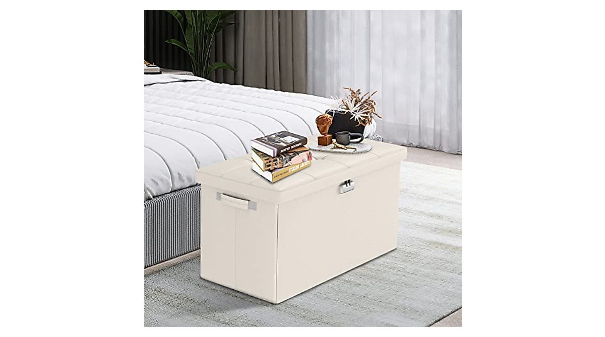 Tamfile 30-Inch Fireproof Storage Ottoman with Lock | Beige Foldable Bench