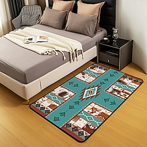 Erosebridal Patchwork Cowhide Area Rug 3x5 Geometric Diamond Triangle Western Non Slip Washable Carpet for Bedsides,Ethnic Tribe Arrow Aztec Rug Farm Animals Bull Cow Print Southwestern Decor