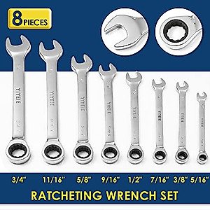 YIYEIE 8 Pc. Ratcheting Wrench Set, SAE 5/16, 3/8, 7/16, 1/2, 9/16, 5/8, 11/16, 3/4 Inch, 72 Tooth, CR-V Steel, Standard Combination Ratchet Wrench Set