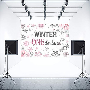 Aperturee 7x5ft Winter Onederland Backdrop, Newborn Baby Girl's First 1st Christmas Birthday Snowflake Background Photography Holiday Pink Silver Party Decoration Photo Booth Candy Table Decor Banner