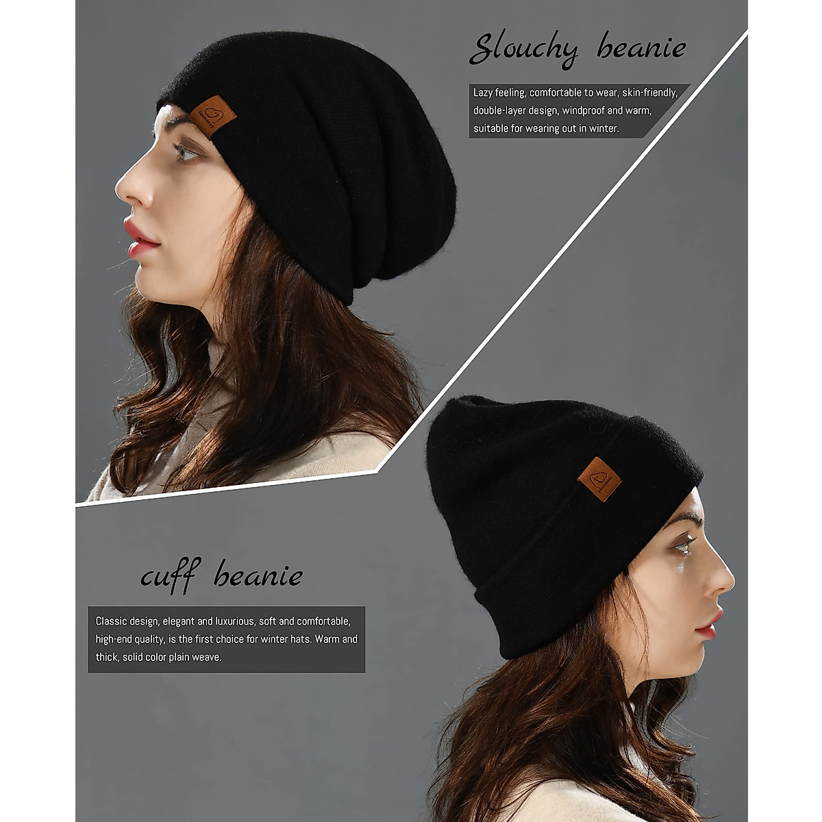 jaxmonoy Wool Cashmere Slouchy Knit Beanies Winter Hats for Women Men Soft Warm Double Layer Reversible Lightweight Slouch Cuffed Skull Beanie Cap - Black
