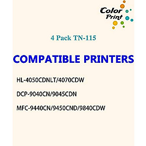 (4-Pack, BK, C, M, Y) ColorPrint Compatible TN115 Toner Cartridge Replacement for Brother TN-115 TN 115 Work with DCP-9040CN 9045CDN HL-4040CN HL-4040CDN HL-4070CDW MFC-9440CN 9450CDN 9840CDW Printer