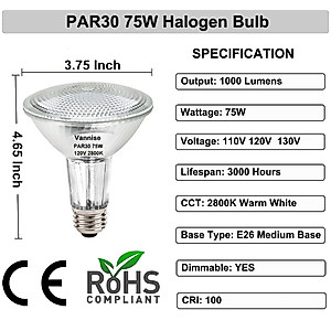 Vannise PAR30 Halogen Bulb 75W 120V, 6 Pack High Output 1000LM PAR30 Long Neck Halogen 75W with Warm White 2800K, PAR30 Dimmable, Long Lasting PAR30 Flood Light Bulb with E26 Medium Base