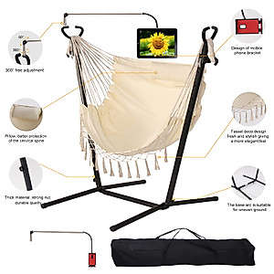Hammock with Stand Phone Holder Included Double Hanging Chair Macrame Boho Handmade Adjustable Swing Indoor Outdoor Patio Yard Garden Porch 400lbs Capacity (2022 White)