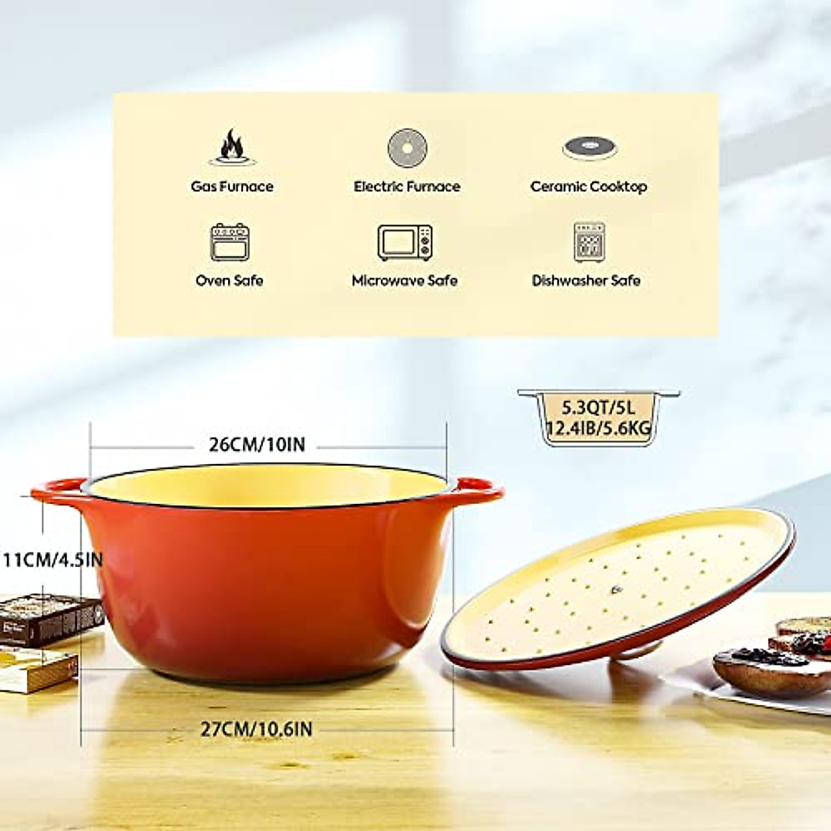 HUABANG Enameled Cast Iron Dutch Oven with Lid,Cast Iron Pot, Diameter Suitable For All Kinds of Cookware and Induction Cooker,Dishwasher,Suitable for Making Food (4.3 Quart, Cerise Round)